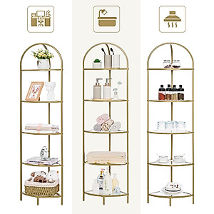 Homhedy 5-Tier Corner Shelf Stand, Metal Corner Bookshelf, Tempered Glass Shelves, Bathroom Storage Rack Shelf, Plant Stand, Modern Style,Golden