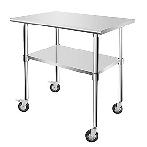 KODOM Food Prep Stainless Steel Table 36'' x 24'', Heavy Duty Workbench with Adjustable Under Shelf, Commercial Worktable with 4 Casters for Commerical Kitchen, Restaurant, Home and Hotel, Silver