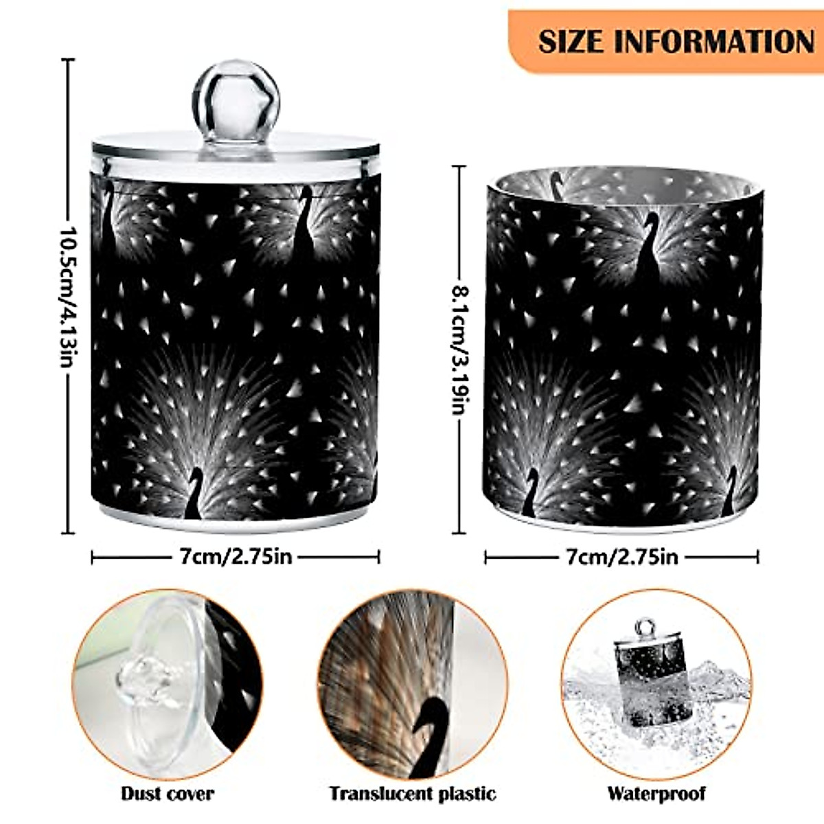Wusikd Peacock 2 Pack Qtip Holder Organizer Dispenser Black Bathroom Storage Canister Cotton Ball Holder Bathroom Containers for Cotton Swabs/Pads/Floss