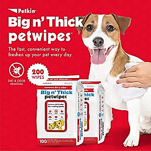 Petkin Pet Wipes for Dogs and Cats, 200 Large Wipes - Removes Dirt & Odor Like Washing Hands - Cleans Ears, Face, Butt, Eye Area - Convenient, Ideal for Home or Travel - 2 Packs of 100 Wipes