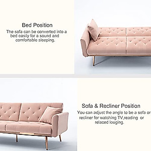 YINKUU Velvet Futon Sofa Bed,Modern Tufted Fabric Couch with 2 Soft Pillows, Modern Loveseat Convertible Sleeper Sofa for Living Room and Bedroom (Pink)