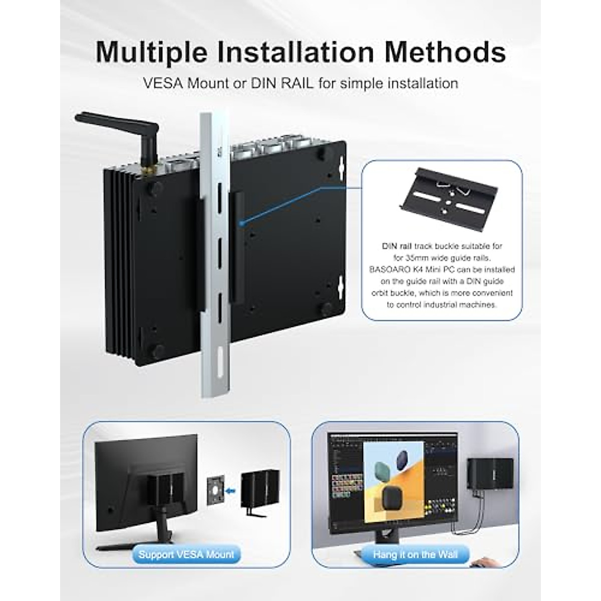 BASOARO Mini Industrial PC Fanless PC i5 4200U Mini PC RS232, Dual Gigabit RJ45 LAN, 8G RAM 128G SSD, HD VGA Dual Display Support 4K, Dual Band WiFi, BT 4.0, 6 USB, Metal Case, Mini PC Windows 10