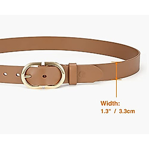CR Womens Brown Leather Belts for Jeans Pants - 1.3" Width Casual Ladies Tan Belt - Fashion Center Bar Gold Buckle
