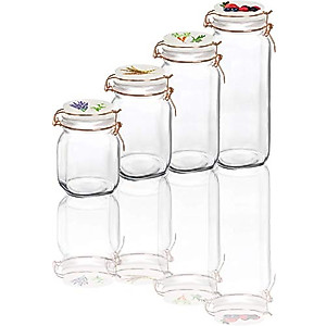 Circleware Vegetable Decal Glass Canisters Shaped with Ceramic Lids, Set of 4 Kitchen Glassware Food Beverage Preserving Containers for Coffee, Sugar, Tea, Spices, Cereal, 66 oz, 49 oz, 30 oz, 22 oz