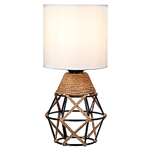 Hamilyeah Boho Lamp, Woven Table Lamp for Nightstand with On/Off Switch, Bedroom Lamp with White Fabric Shade, Simple Lamp for Bedside, Living Room