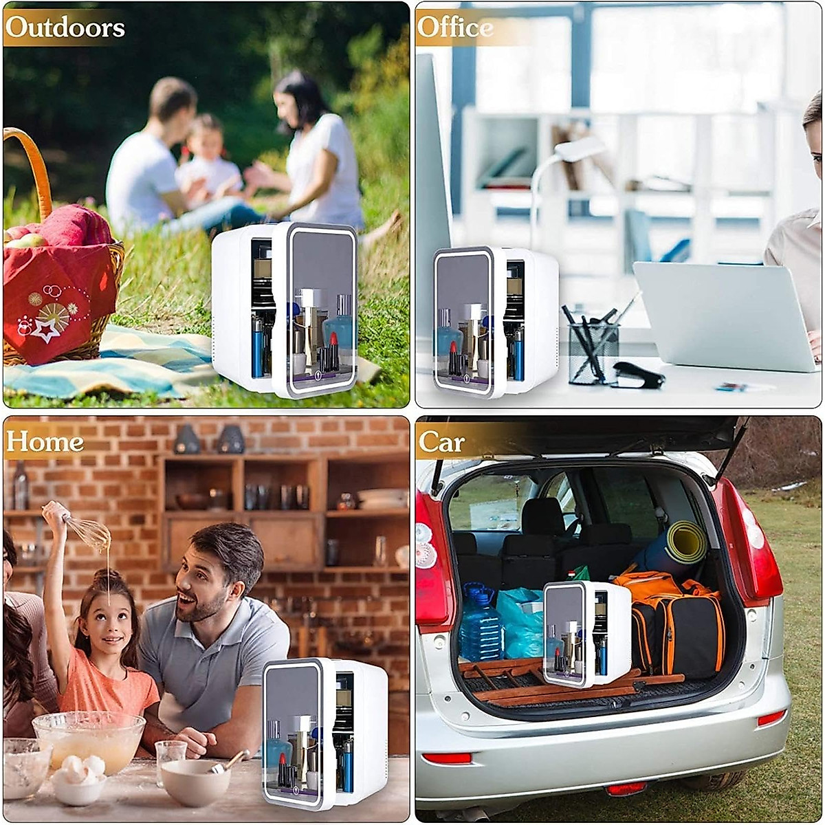 ROLTIN Mini Skincare Fridge, With Led Mirror, 8L Capacity Mini Mini Fridge, Chill Or Heat, Ac 220v, Dc 12v Mini Fridge For Room, For Bedroom, Office And Car,Pink (White)