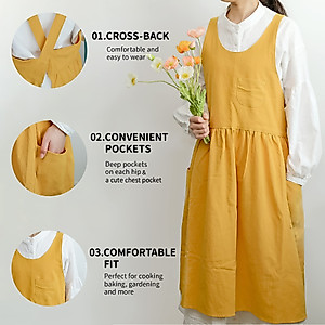 HANEE Cross Back Aprons for Women | Japanese Style Cotton Apron with Pockets | Cute Pinafore Smock for Gardening, Cooking, Painting, Cleaning and More (Yellow)
