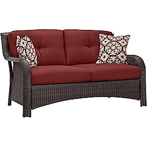 Hanover Strathmere Outdoor 4-Piece Conversation Set w/ Loveseat, 2 Swivel Chairs, Thick Red Cushions, 4 Accent Pillows and a Glass-Top Coffee Table, Patio Conversation Set for Backyard, Deck, Porch