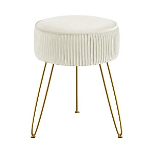 GERANT Multifunctional Vanity Stool,Modern Vanity Stools for Makeup Room,Velvet Round Ottoman Footrest Stool with Metal Legs, Upholstered Pleated Vanity Chair Stool for Living Room,Office(Beige)