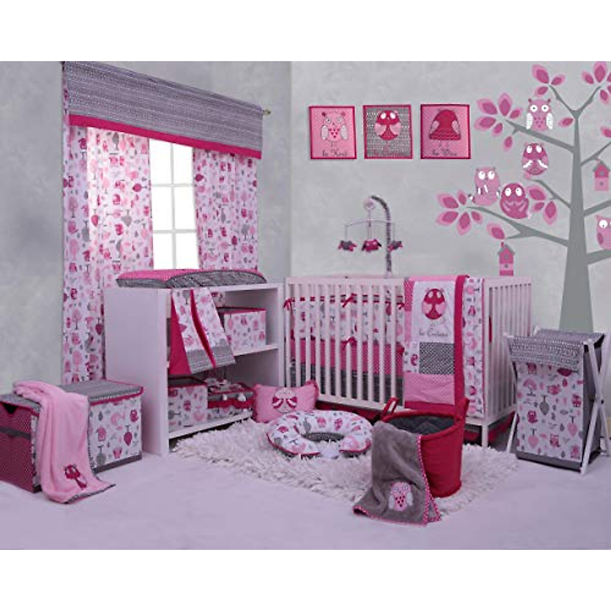 Bacati Owls Girls Cotton Hamper, Pink/Grey