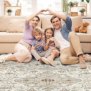 HILORUUG Washable Area Rug 9x12 - Bedroom Living Room Large Indoor Rugs Soft Oriental Vintage Rugs Non-slip Backing Stain Resistant for Farmhouse Kitchen (9x12 Ivory/Multi)