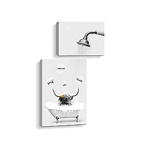 Pinetree Art Funny Bathroom Decor Cute Highland Cow Wall Art - Relax Soak Unwind Breathe Inspirational Quote - Modern Farmhouse Home Bathroom Wall Decorative (black and white, set of 2)