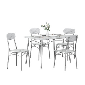 VECELO 5-Piece Dining Room Table Set, Rectangular Dinette with 4 Chairs for Kitchen, Breakfast Nook, Small Space, Marble White