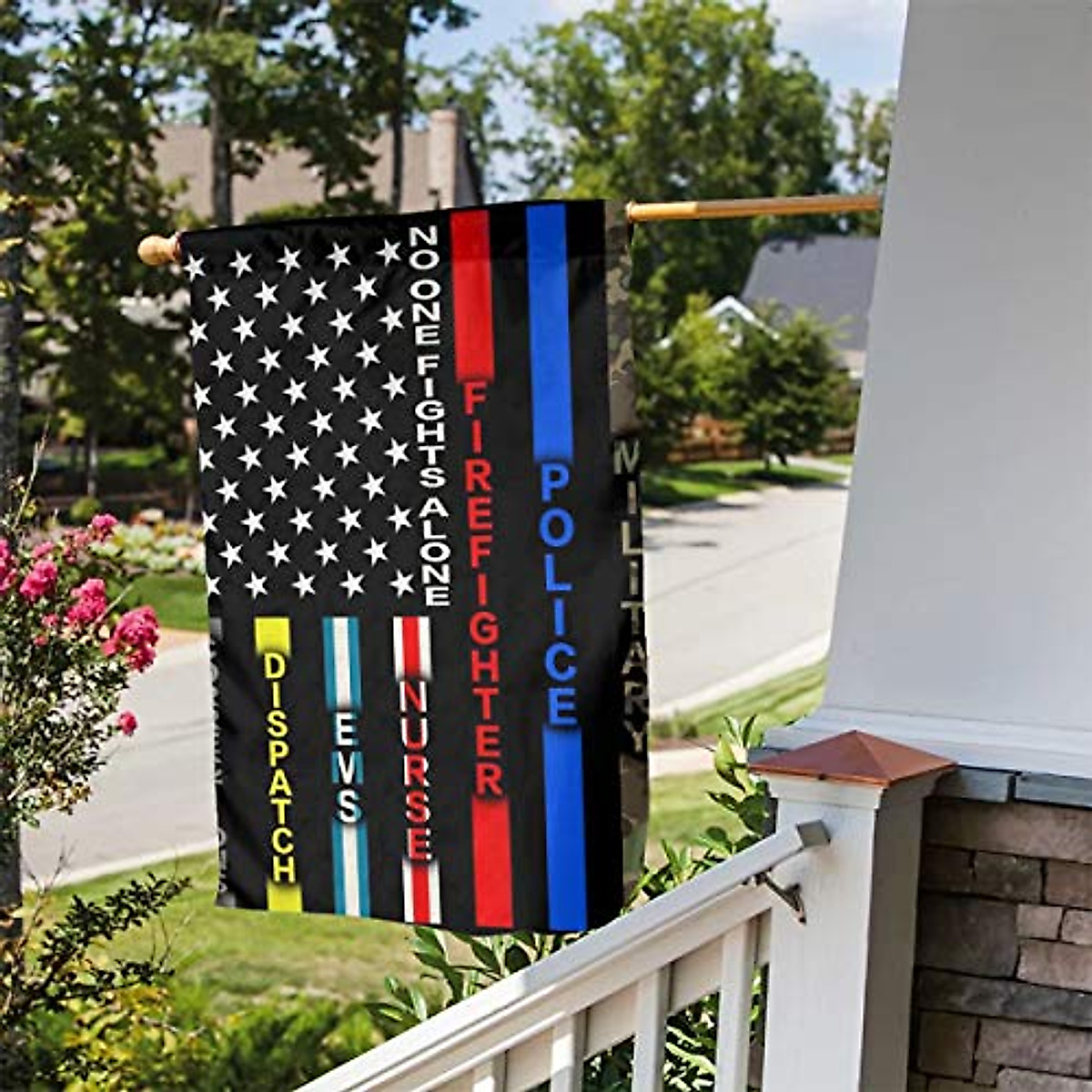 Military American Flag Army Police Cop Firefighter Fire Blue Green Red Thin Line Black No One Fights Alone Nylon Burlap Linen Fabric Garden Flag Farmhouse Mailbox Decor Welcome 12x18 Double Sided