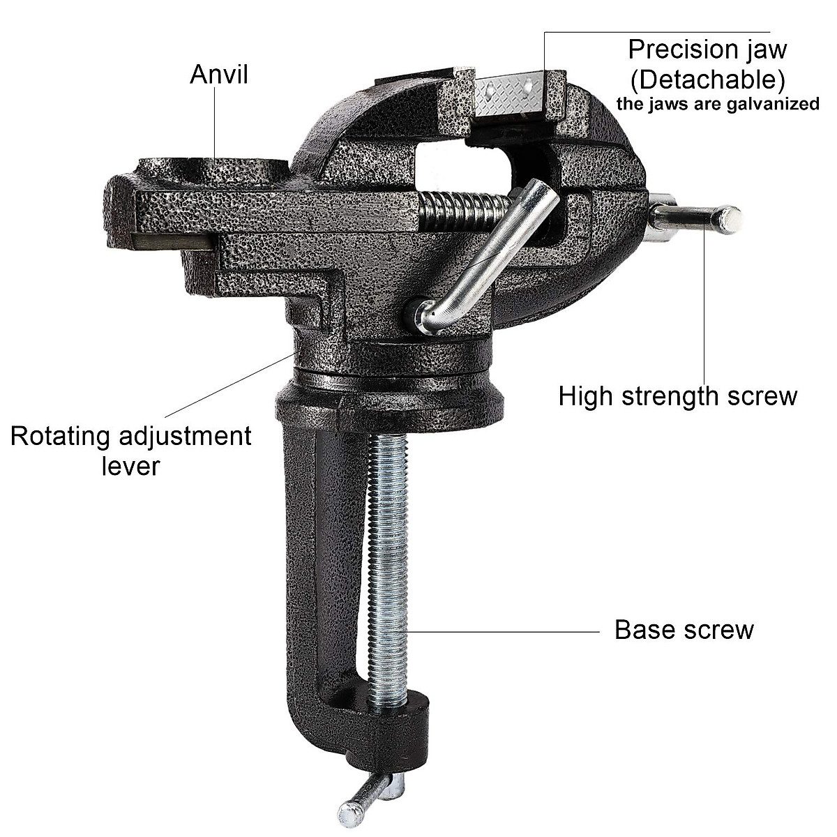 HighFree 3 Inch Small Bench Vise, Home Table Vise, Clamp-On Vise 360 Degrees Rotating Universal Clamp Units Vise for Workbench (Black)