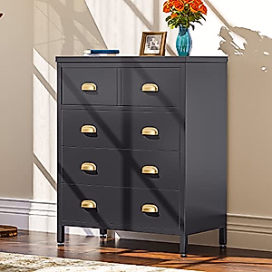YITAHOME 5 Drawer Dresser, Metal Storage Chest of Drawers, Large Capacity Clothing Storage Organizer with Golden Handles, Tall Dresser for Bedroom, Living Room, Hallway, Entryway, Black