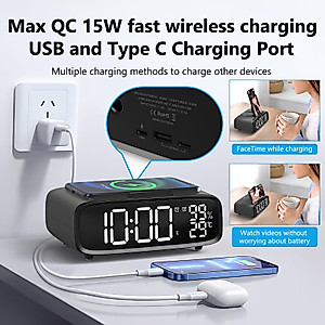 U-Trak Digital Alarm Clock with 15W Wireless Charging, Bedside Alarm Clock with USB Port, Bluetooth Speaker Alarm Clock with Dual Alarm, Adjustable Volume, Dimmer, Temperature, Night Light for Bedroom