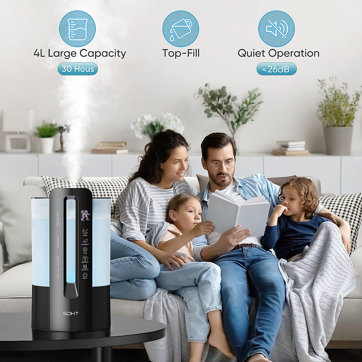 SDHT Humidifiers for Bedroom,4L Humidifier for large room,Top Fill Cool Mist Humidifier for Home Office,Ultrasonic Humidifier with Auto Humidity, Diffuser,Sleep Mode,Timing,Night Light,Quiet