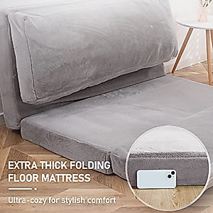 MAXYOYO Bean Bag Bed Folding Sofa Bed Floor Mattress for Adults, Extra Thick and Long Floor Sofa with Faux Fur Washable Cover, Single Floor Couch Bed for Bedroom Living Room, Grey, 30x95 Inch