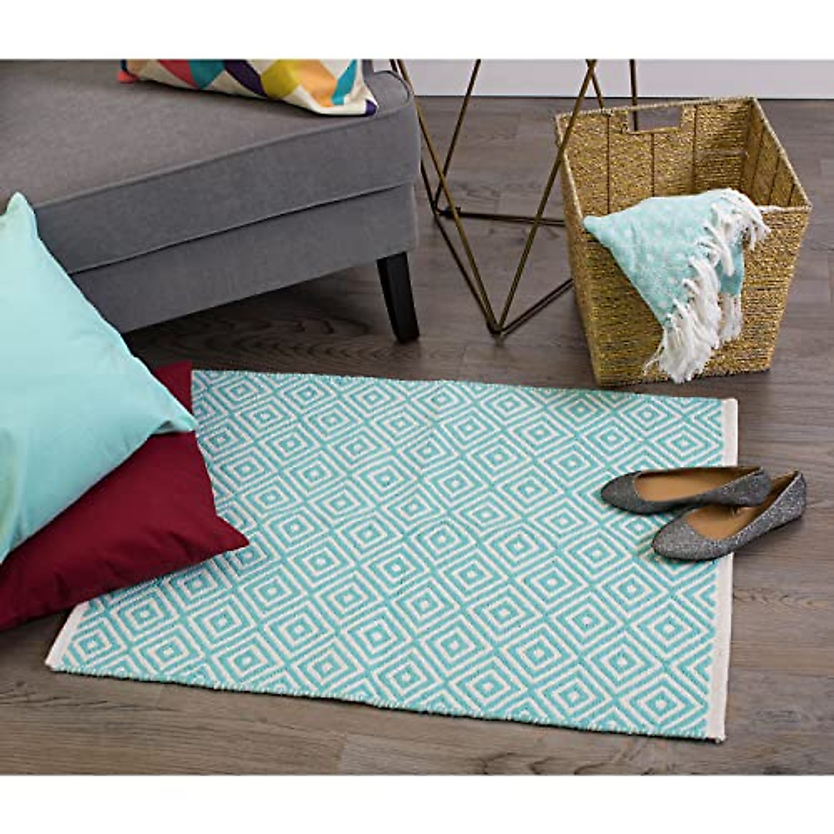 DII Woven Cotton Throw Rug, Area Rugs for Kitchen, Bedroom, Bathroom or Entry Way, Small Rug, 2x3, Diamond Aqua