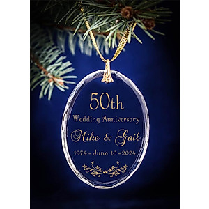 Gold 50th Golden Wedding Anniversary Personalized Keepsake Glass Oval Christmas Ornament ANY Anniversary Year Available