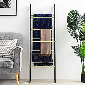 MyGift Art Deco Style Towel Ladder Rack Modern Black and Gold Tone Metal Wall Leaning Decorative Blanket Hanger Holder