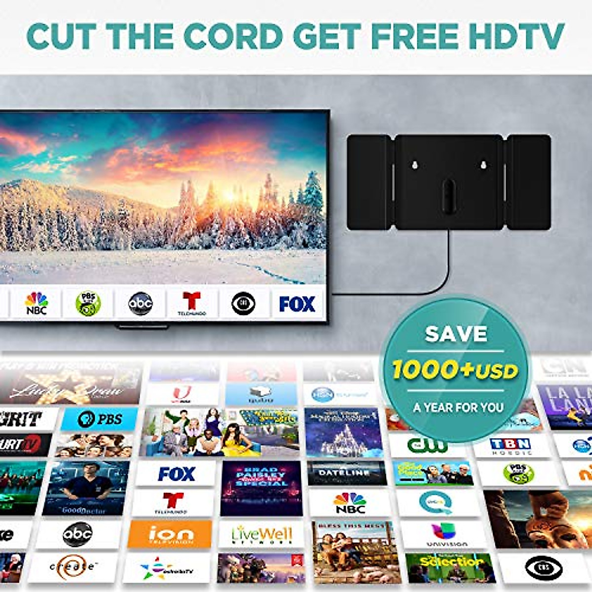 Amplified HD Digital Indoor Antenna - Long 200 Miles Range - 17ft Coax Cable for 4K HD Local Channels - Supports All Televisions