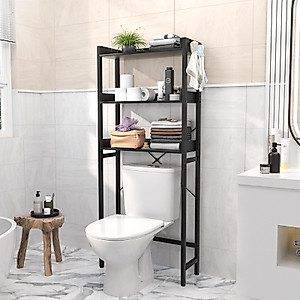 Ecoprsio Over-The-Toilet Storage Rack, 3-Tier Bathroom Organizer Shelf Over Toilet, Freestanding Space Saver Toilet Stands with 4 Hooks, Black