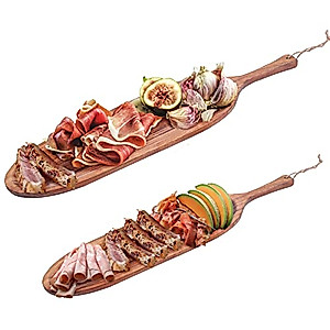 Set of 2 Acacia Wood Serving Trays,Oval Long Wooden Tray Plates for Serving Food,House Warming Gifts New Home Decor,Handmade Snack Board Bread Sushi Fruit Trays for Party