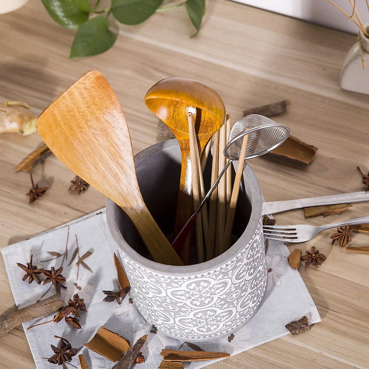 Farmhouse Kitchen Cooking Utensil Holders | Fine Embossed Cement Utensils Crock | Cement Utensil Container Kitchenware Flatware Organizer Decor Utensils Caddy (Pattern 1)