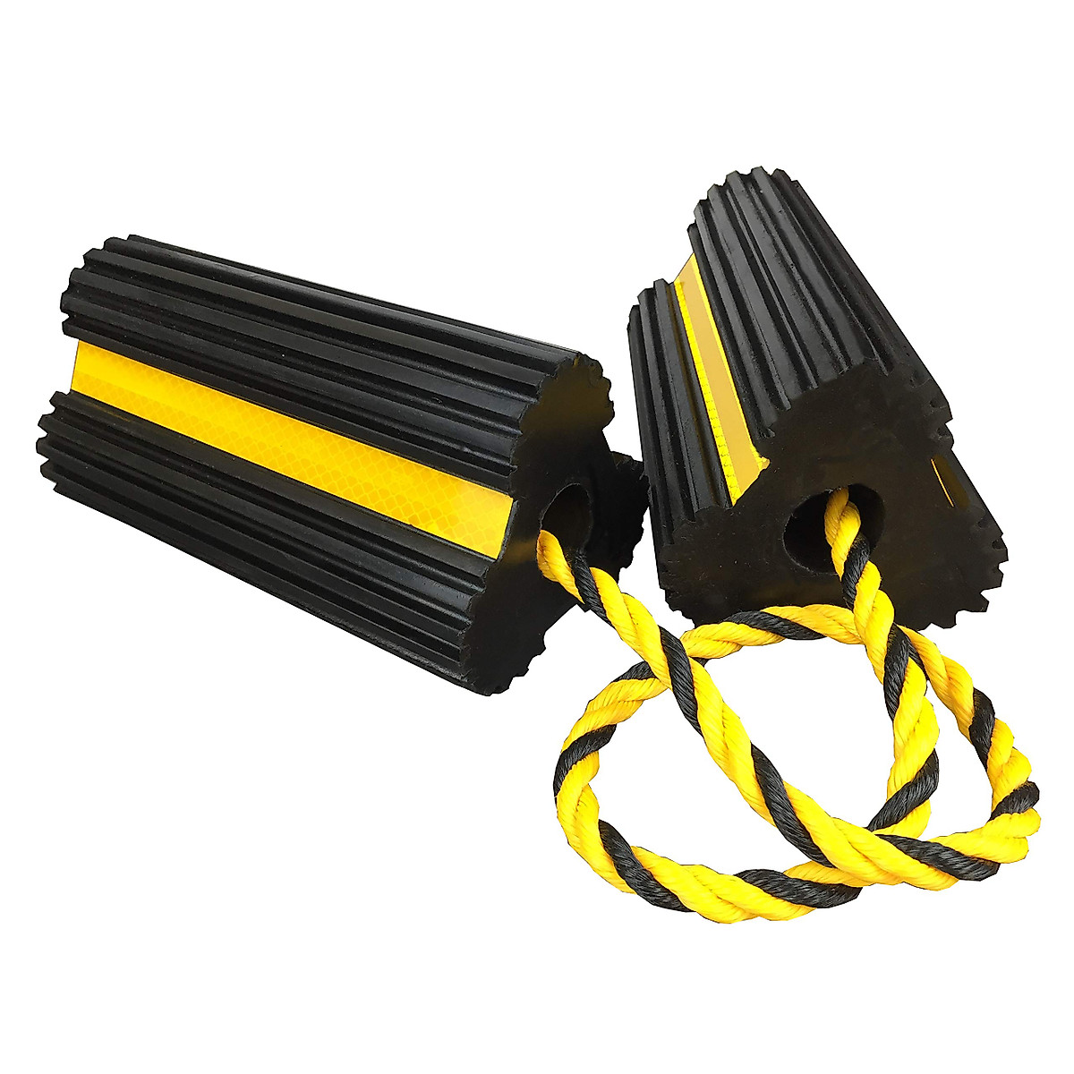 HOXWELL Heavy Duty Rubber Dual Wheel Chocks, RV Non Slip Wheel Stoppers with Nylon Rope Yellow Reflective Tape, Wheel Block for Travel Trailers, Aircraft, Car, Camper, Truck 1 Pair