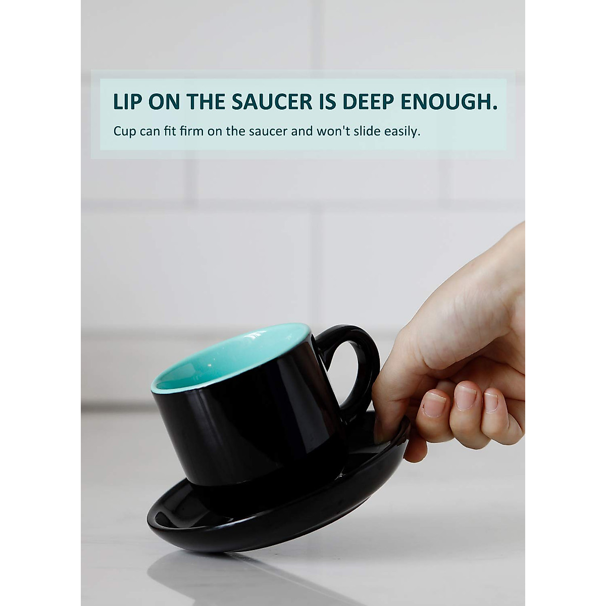 Teocera Porcelain Cappuccino Cups with Saucers - 6 Ounce for Coffee Drinks, Latte, Cafe Mocha and Tea - Set of 6, Black Multi Color