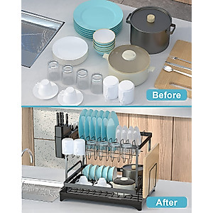 TAIJUELE Dish Drying Rack with Draining Plate, 2-Tier Rust Resistant Draining Rack for Kitchen Counter, Large Capacity Dish Organizer with Extra Drying Rack (Black)