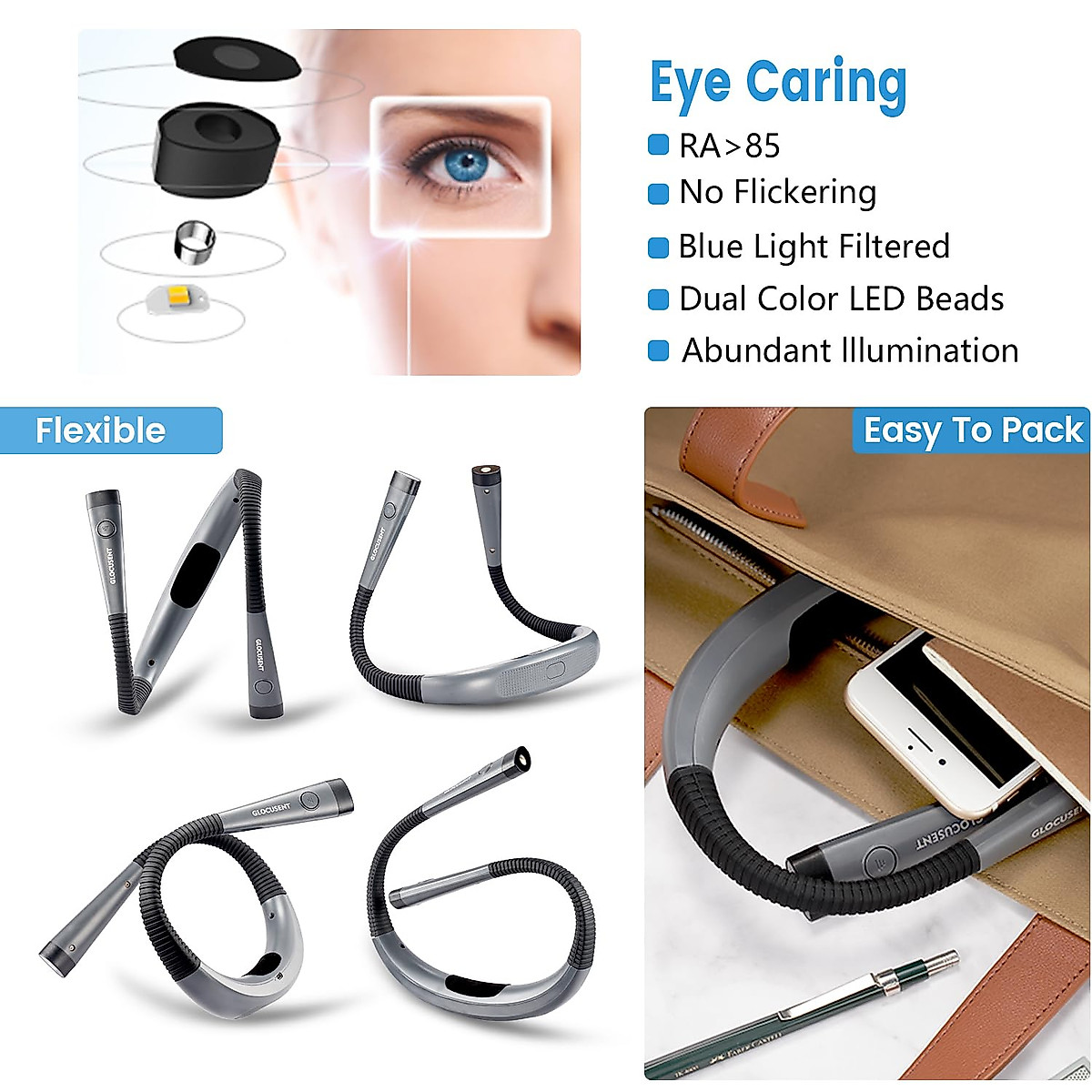 Glocusent LED Neck Reading Light, Book Light for Reading in Bed, 3 Colors, 6 Brightness Levels, Bendable Arms, Rechargeable, Long Lasting, Perfect for Reading, Knitting, Camping, Repairing