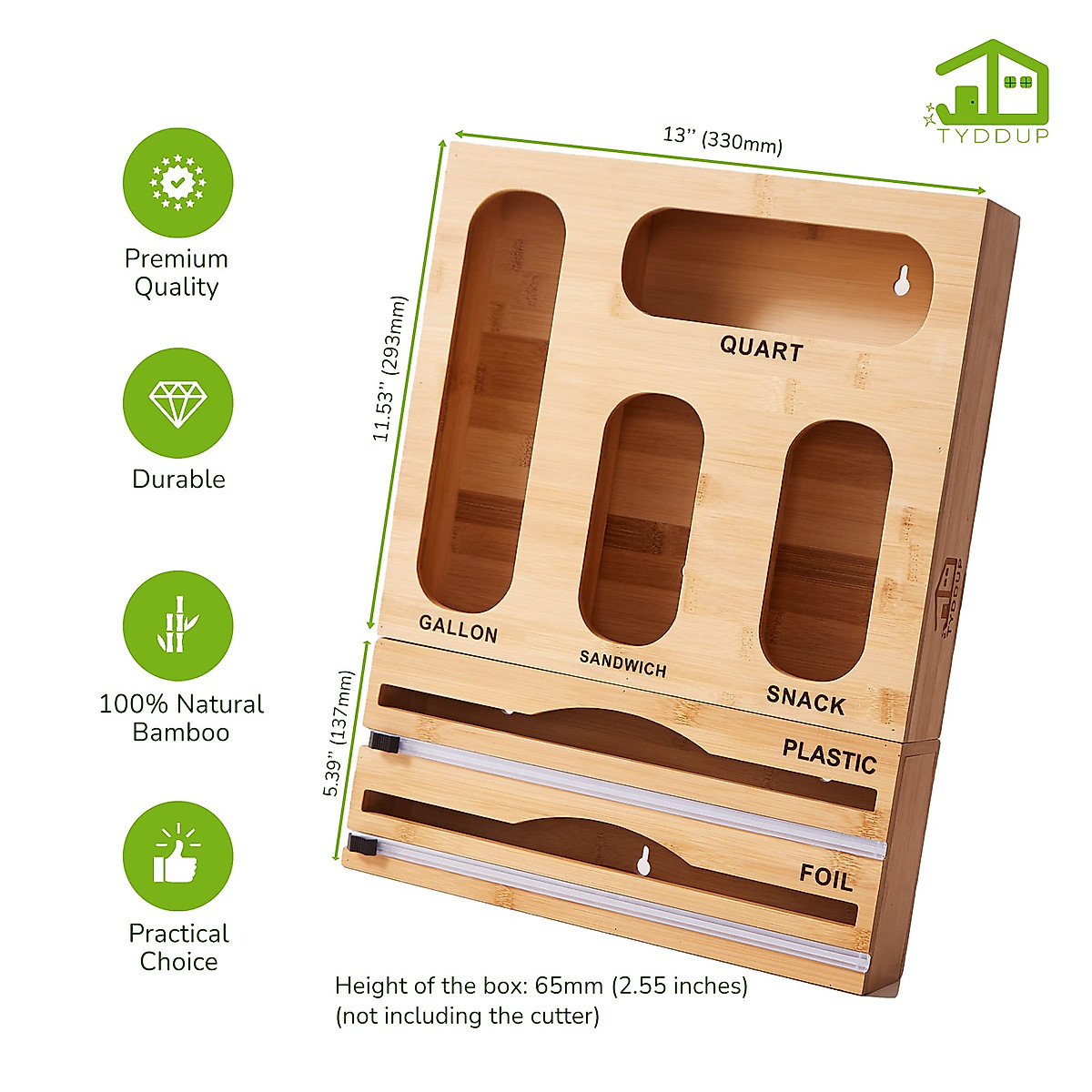 TYDDUP - 6 in 1 Ziplock Bag Organizer with Alum. Foil/Plastic Wrap Dispenser with Cutter & Labels for Kitchen Drawer |Bamboo Kitchen Organization |Compatible Gallons,Quarts,Snack,and Sandwich Bags.