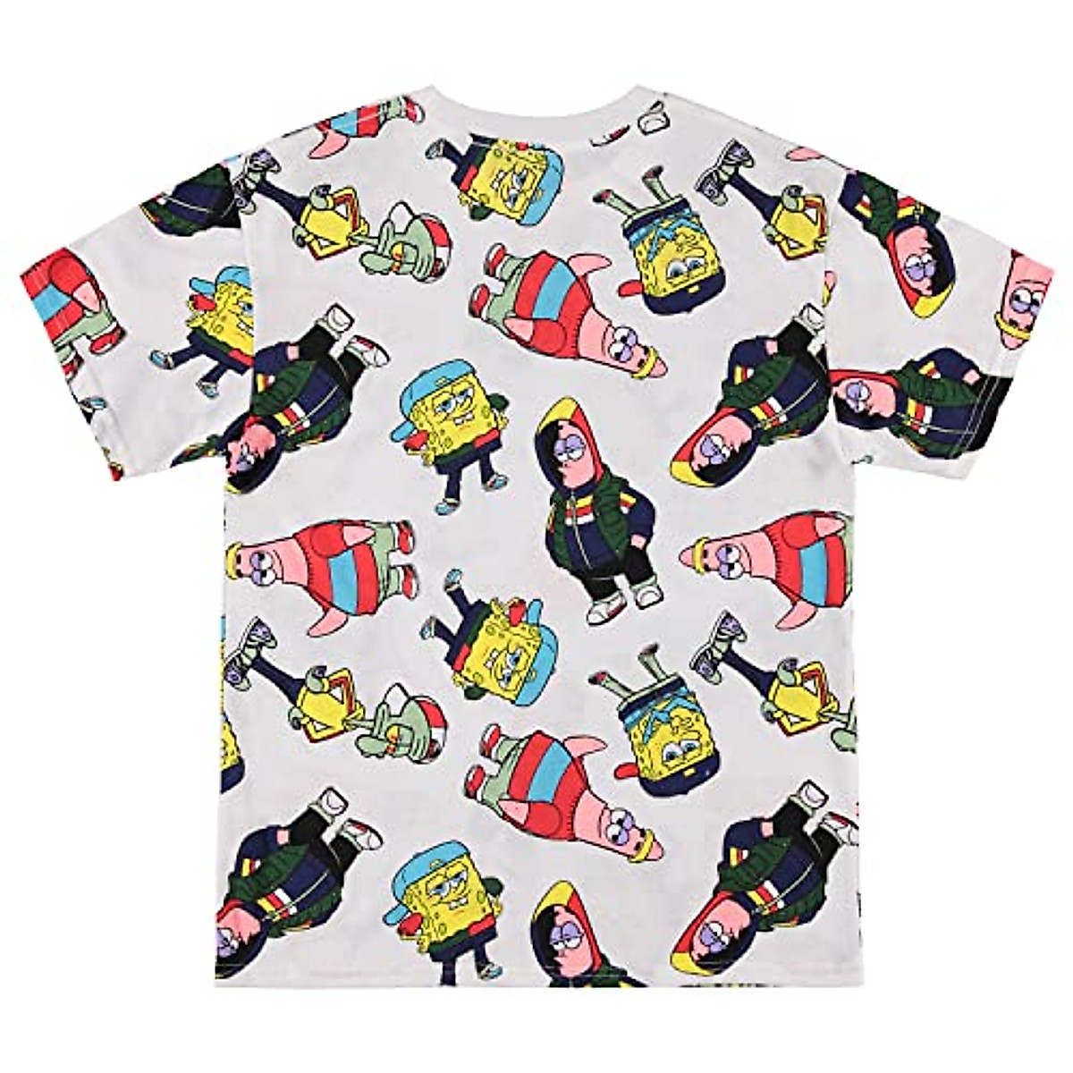 Mens Spongebob Squarepants Classic Shirt - Spongebob, Patrick, Squidward & Krusty Krab Allover Print T-Shirt (White, X-Large)