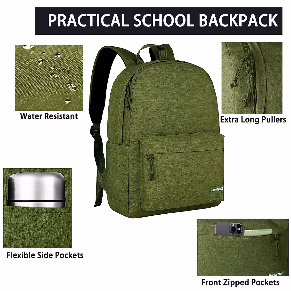 SUPACOOL Casual Laptop Backpack for Men and Women, Backpack for College, USB Charging Port, Lightweight Pack Back(Olive)