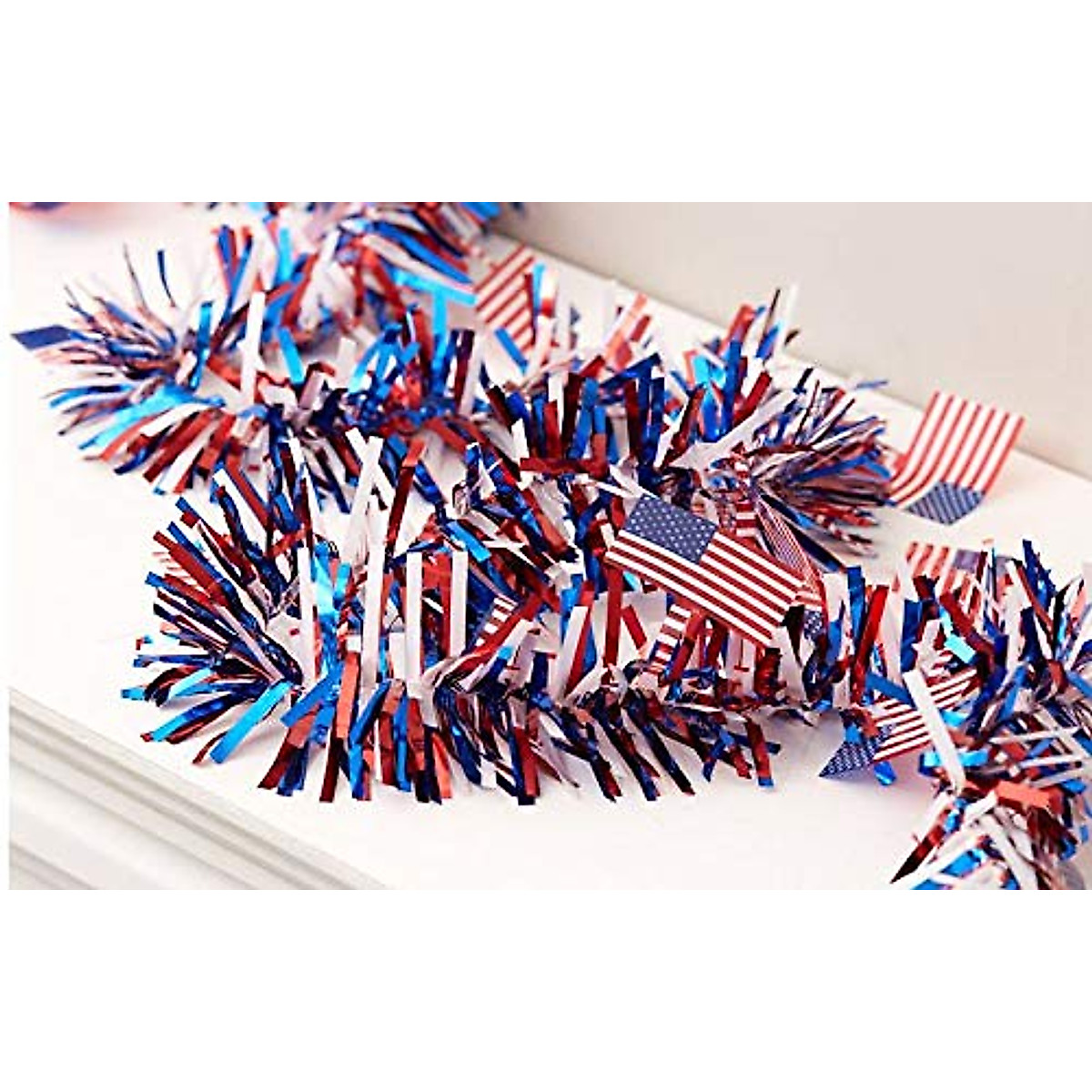 Patriotic Tri-Color Tinsel Garland w/Flag Accents: 9 feet