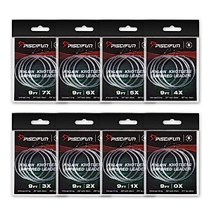 Piscifun Fly Fishing Leader with Pre-Tied Loop, Tapered Fly Line Leader, Nylon, Clear, 9ft, 6 Pack, 5X