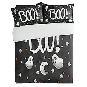 Halloween Twin Duvet Covers Ghost Boo Texts with Stars Moon Wave Point 3-Piece Bedding Sets Luxury Soft Microfiber Bed Comforter Protector with Pillow Cases for Women Men Girl Boy Black