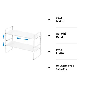GEDLIRE Expandable Kitchen Cabinet Shelf Organizers 2 Pack, Stackable Metal Pantry Storage Shelves Rack, Adjustable Counter Shelf for Cabinets, Countertop, Cupboard Organizers and Storage, White