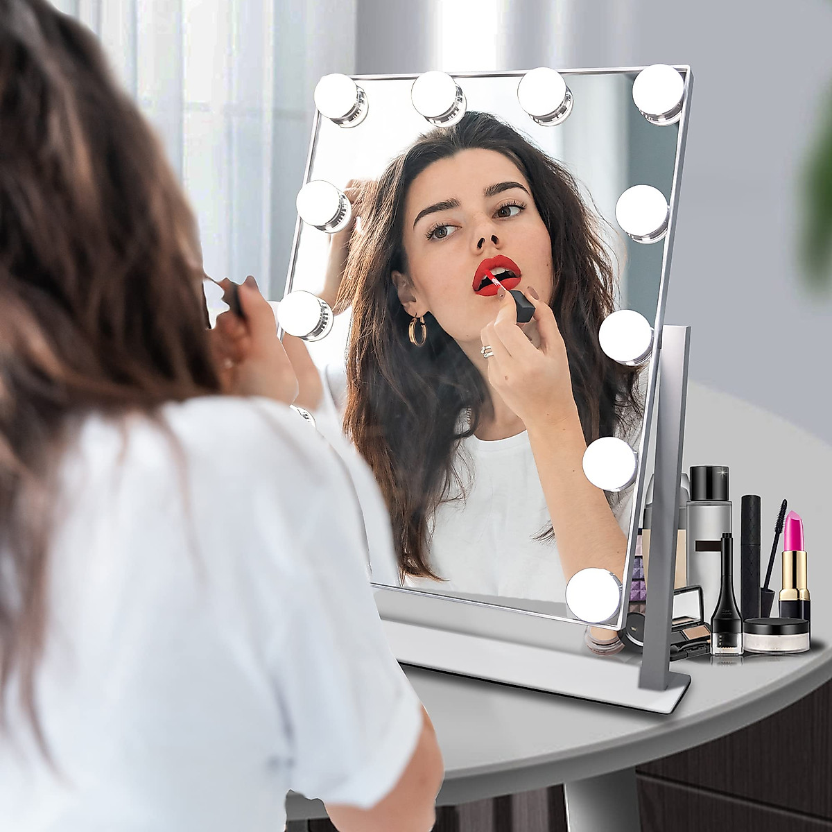 SLIMOON Hollywood Vanity Mirror with Lights, 12 Dimmable LED Bulbs Lighted Makeup Mirror with Detachable 10X Magnification Mirror, 1000mAh Rechargeable, 3 Color Lights, Touch Control