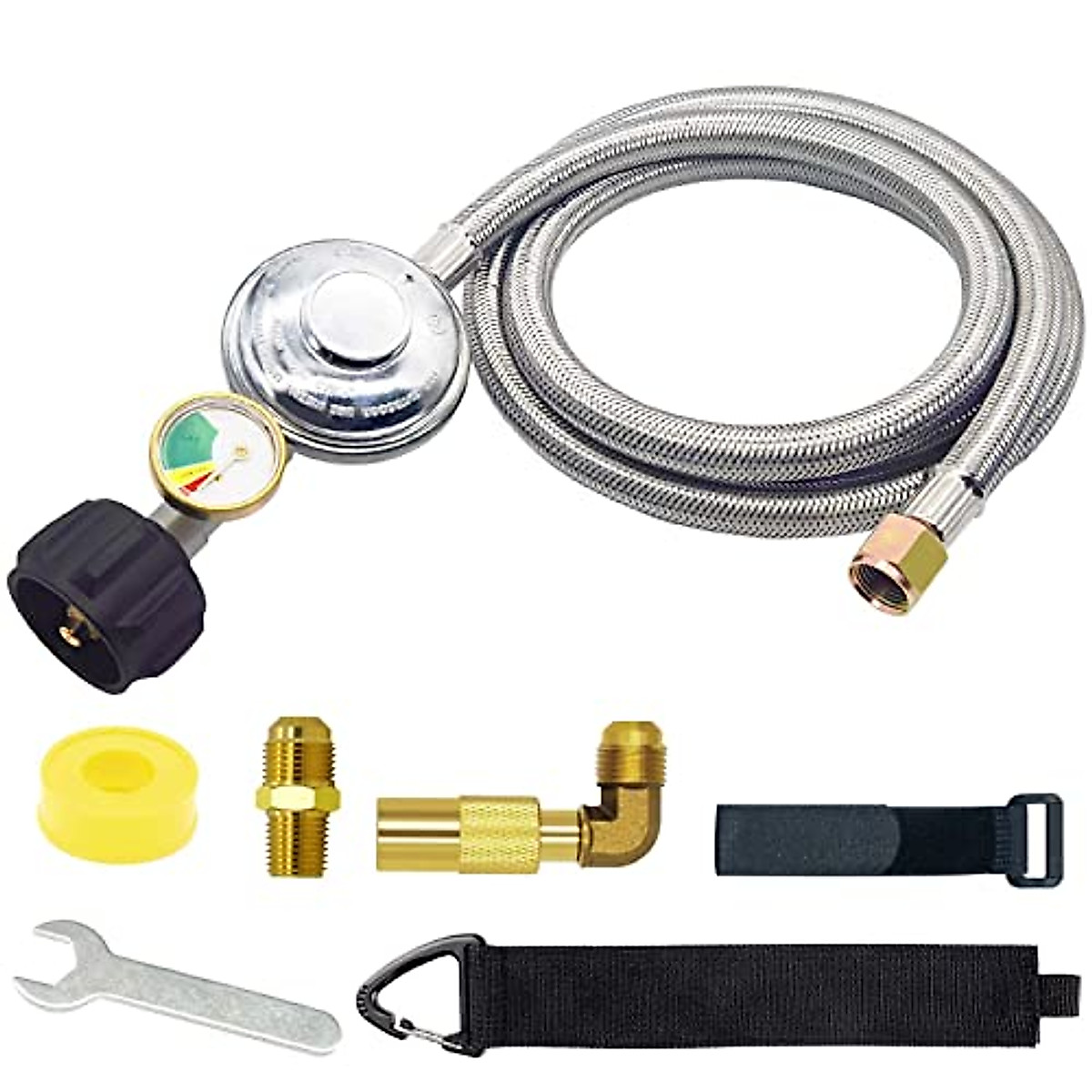 NQN Upgraded 6 FT Stainless Braided Propane Regulator Hose with Gauge, QCC1 Propane Adapter Hose Regulator for 20lb Tank with Elbow Adaptor, Replacement Part for Blackstone Weber LP Gas Grill Heater