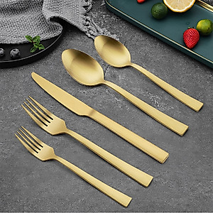 40-Piece Matte Gold Silverware Set, E-far Stainless Steel Flatware Set Service for 8, Metal Cutlery Eating Utensils Tableware Includes Forks/Spoons/Knives, Square Edge