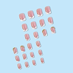 Short Press on Nails Square French Fake Nails Acrylic Nude Pink False Nails with Rhinestone Designs Artificial Glossy Nails Full Cover Glue on Nails Stick on Nails for Women