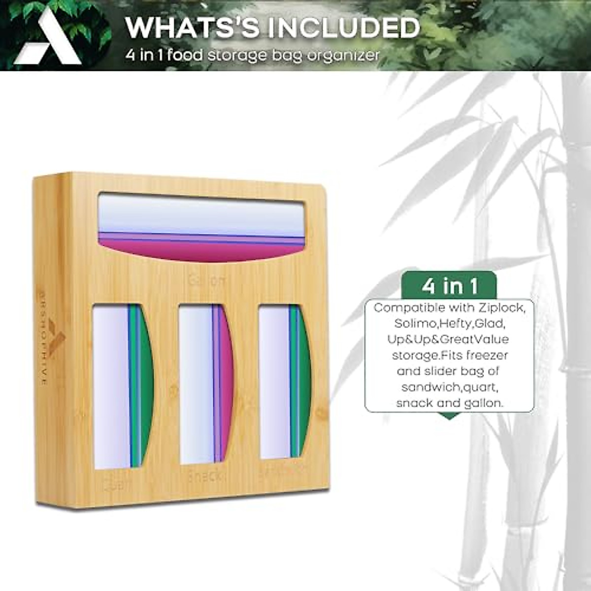 ARSHOPHIVE Bag Storage Organizer for Kitchen Drawer, Bamboo Organizer, Compatible with Gallon, Quart, Sandwich and Snack Variety Size Bag (1 Box 4 Slots) (Natural)