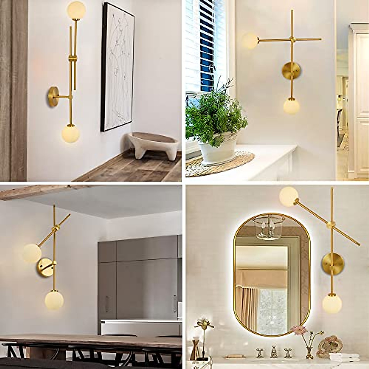 BAODEN Modern 2 Lights Globe Wall Sconce Industrial Wall Lamp with G4 Bulb Mid Century Rotatable Light Fixture Brushed Brass Finished with White Globe Glass Lampshade (Gold Color)