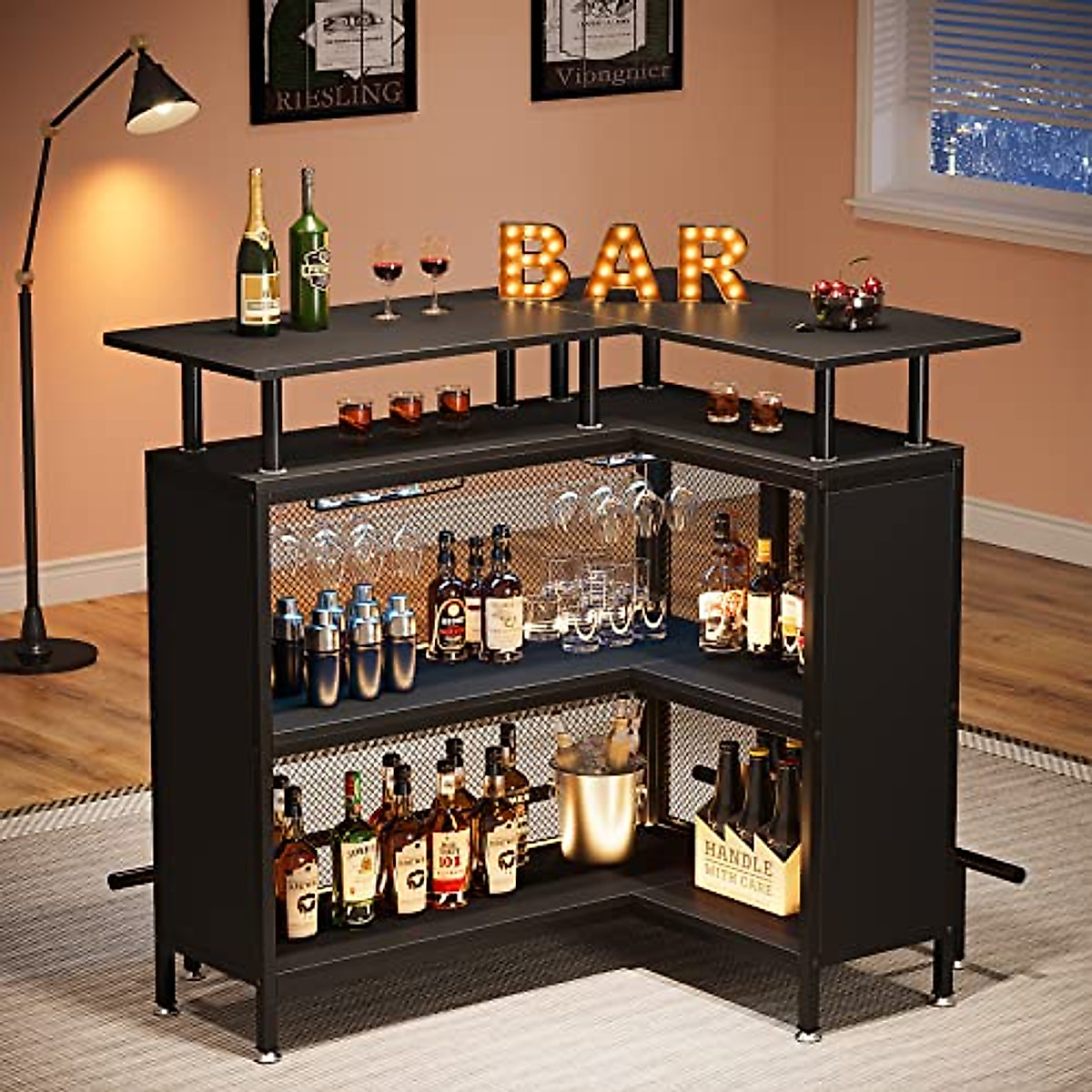 Tribesigns Home Bar Unit, L-Shaped Liquor Bar Table with Stemware Racks and 2-Tier Shelves, Corner Mini Bar Cabinet Coffee Bar Table with Footrest for Home/Kitchen/Bar/Pub, Bar Table, Black