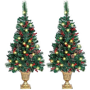 Juegoal 4 FT Christmas Tree, Upgrade Pre-Lit Crestwood Spruce Entrance Tree with 120 LEDs Lights, Pine Cones, Red Berries in Gold Urn Base for Front Door, Porch, Entryway Xmas Home Decorations, 2 Pack