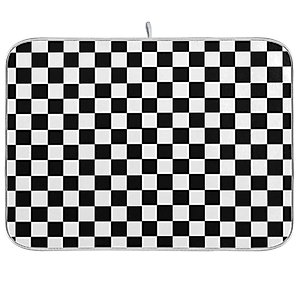 ZzWwR Modern Black White Racing Flag Checks Pattern Absorbent Dish Drying Mat Microfiber Kitchen Countertop Table Protector Multi-Purpose Counter Rack Sink Drainer Pad (16" x 18")